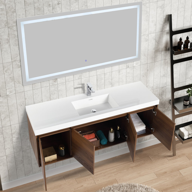Blossom Bern 60'' All Wood Wall Mounted Single Bathroom Vanity with Sink, Floating Bathroom ...